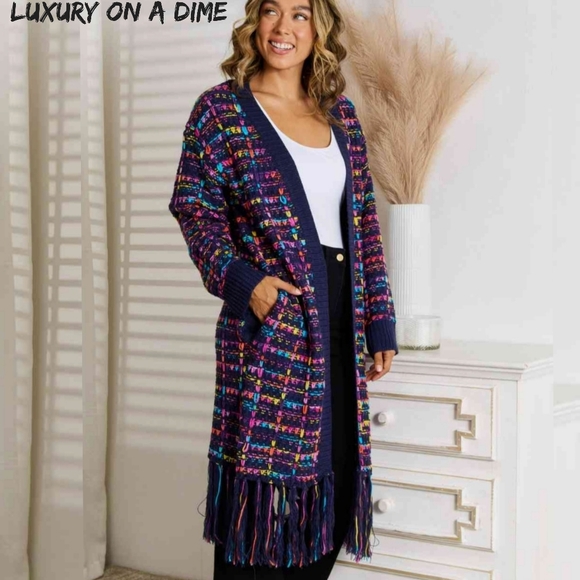 Sweaters | Bold Retro Knit Colorful Fringe Hem Longline Duster Sweater ...